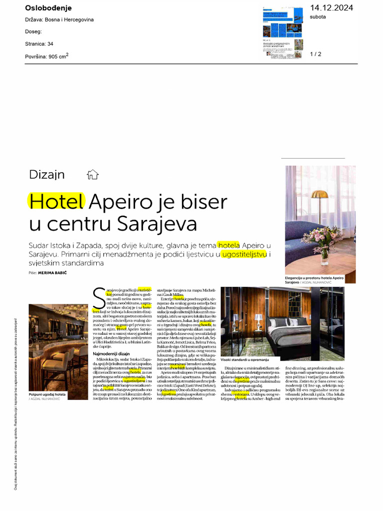 Hotel Apeiro je biser u centru Sarajeva | PDF