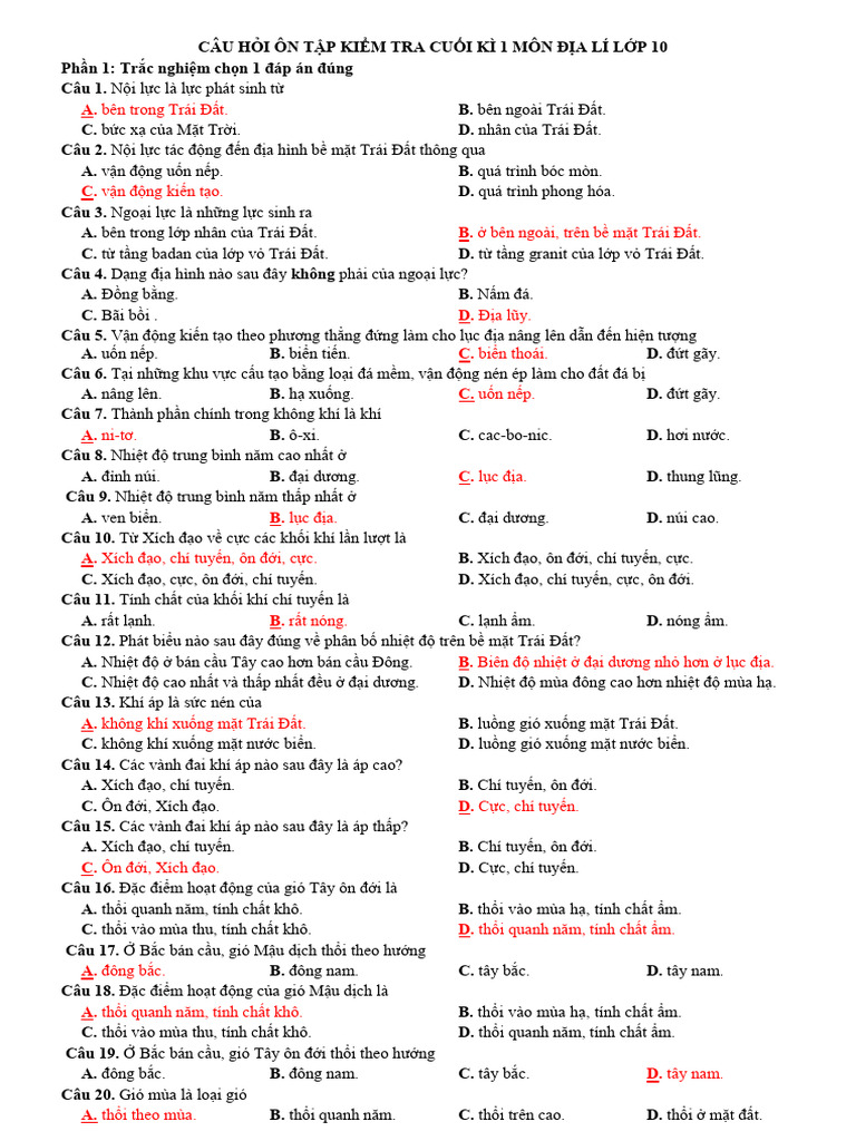 CÂU HỎI ÔN TẬP 10 ck1-2425- ĐÃ HƯỚNG DẪN | PDF