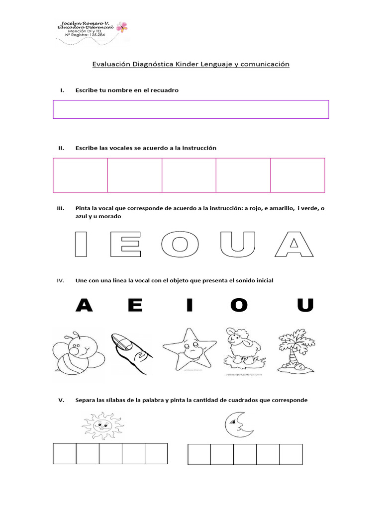Evaluación Lenguaje Kinder: Vocales y Comprensión | PDF
