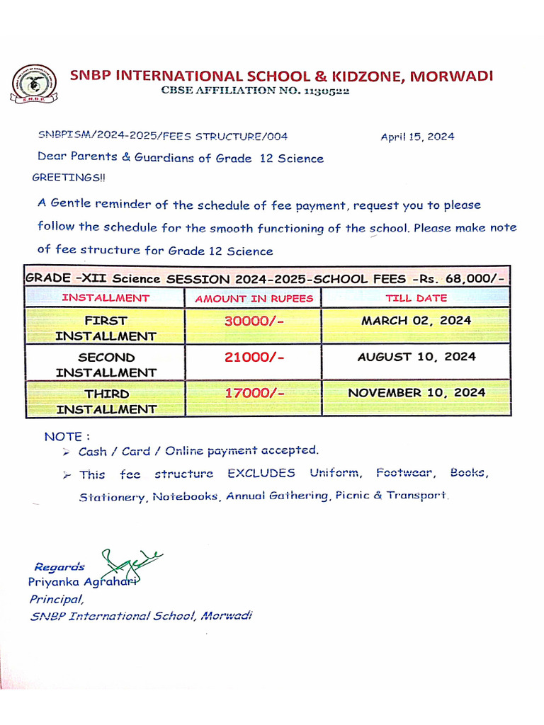 Grade 12 Science Fees Structure | PDF