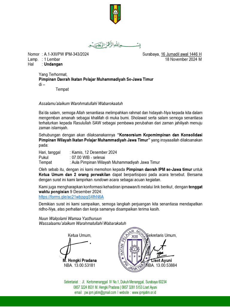 Undangan Konsorsium IPM Jatim 2024 | PDF