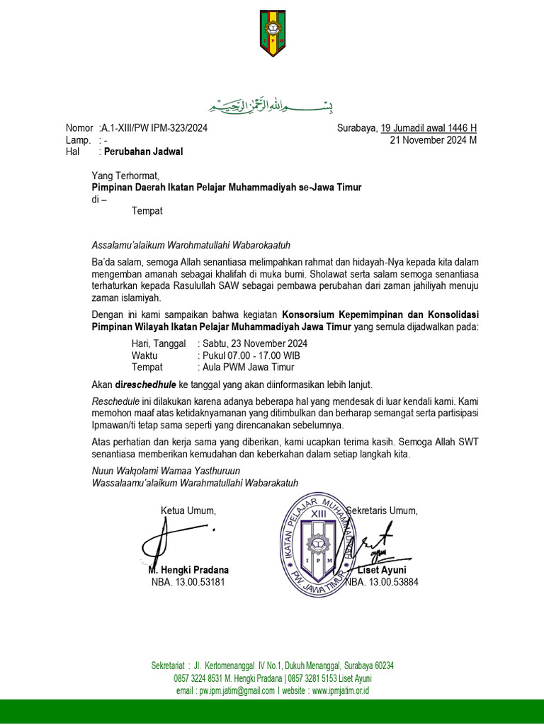323 - Surat Perubahan Jadwal | PDF