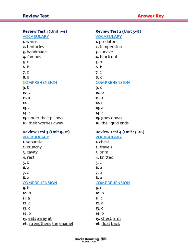 Bricks Reading 120 Nonfiction - L3 - Review Test - Answer Key | PDF