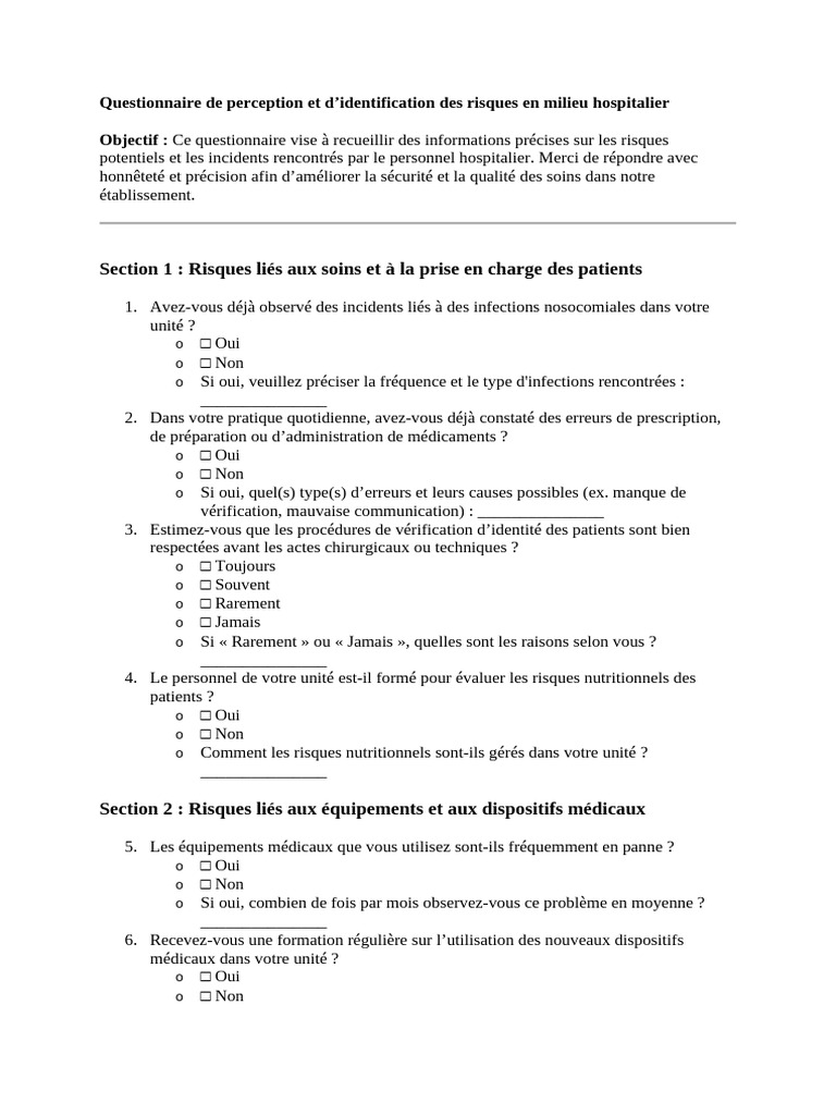 Questionnaire sur les risques hospitaliers | PDF | Sécurité | Médecine ...