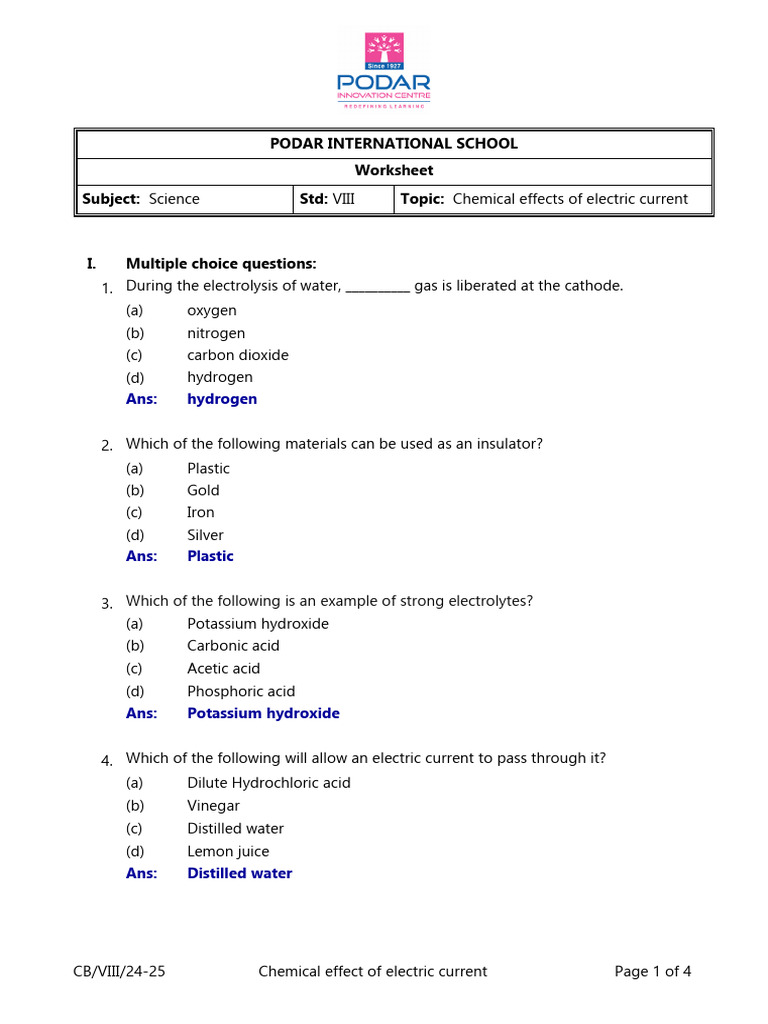As WS CB VIII Sci Chemical Effects of Electric Current | PDF | Ionic Bonding | Chemical Compounds