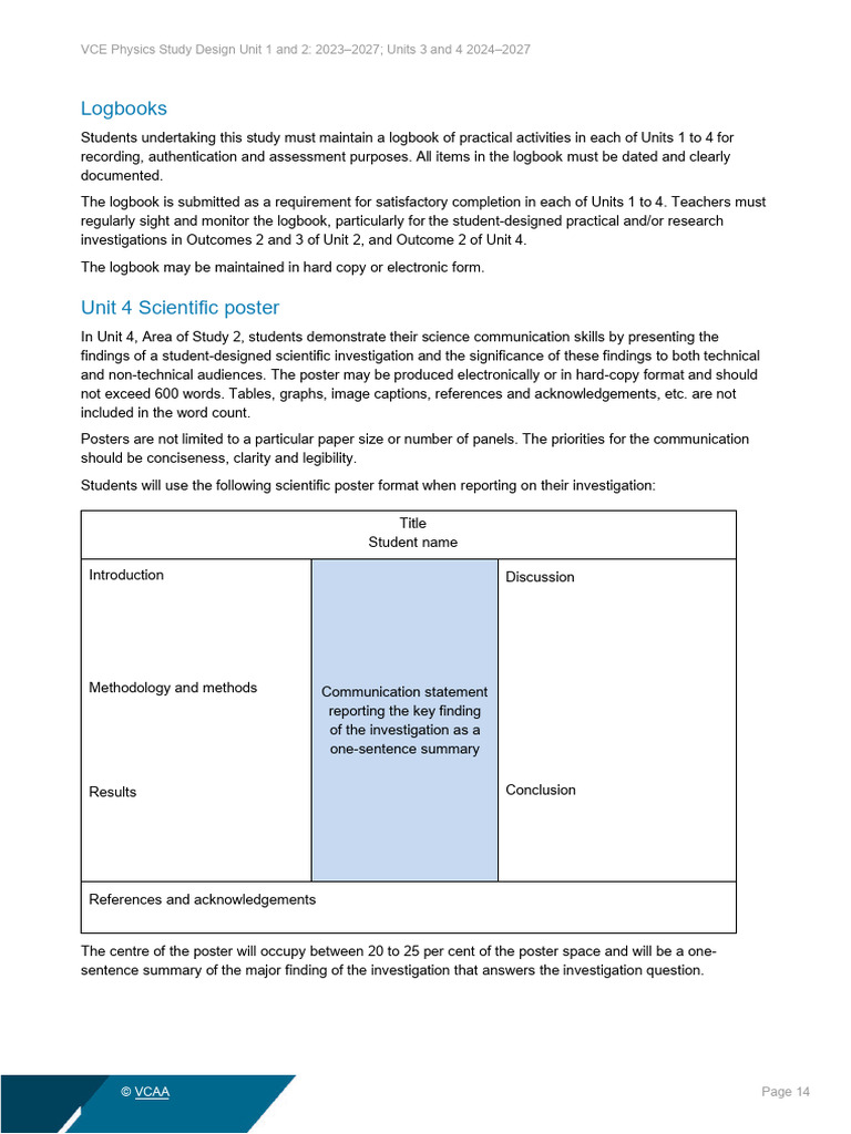 VCE study design extract - poster and log book | PDF | Evaluation ...