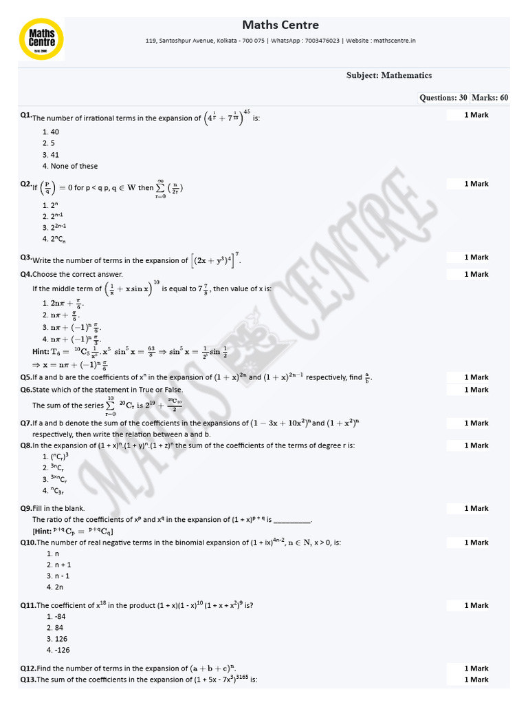 Class 11 Binomial Theorem Questions | PDF | Mathematical Objects ...