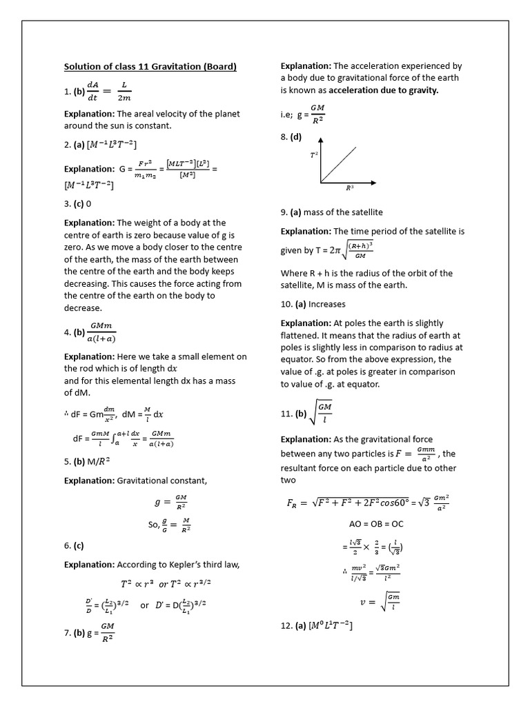 Solution of Class 11 Gravitation (MCQ) | PDF | Earth | Gravity