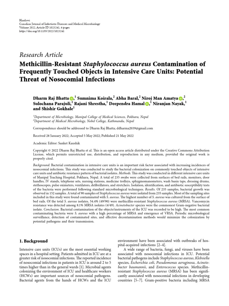 Methicillin-Resistant Staphylococcus Aureus Contam | PDF | Hospital Acquired Infection ...