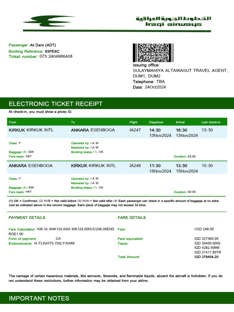 Iraqi Airways ETicket (93PE8C) - DARO | PDF