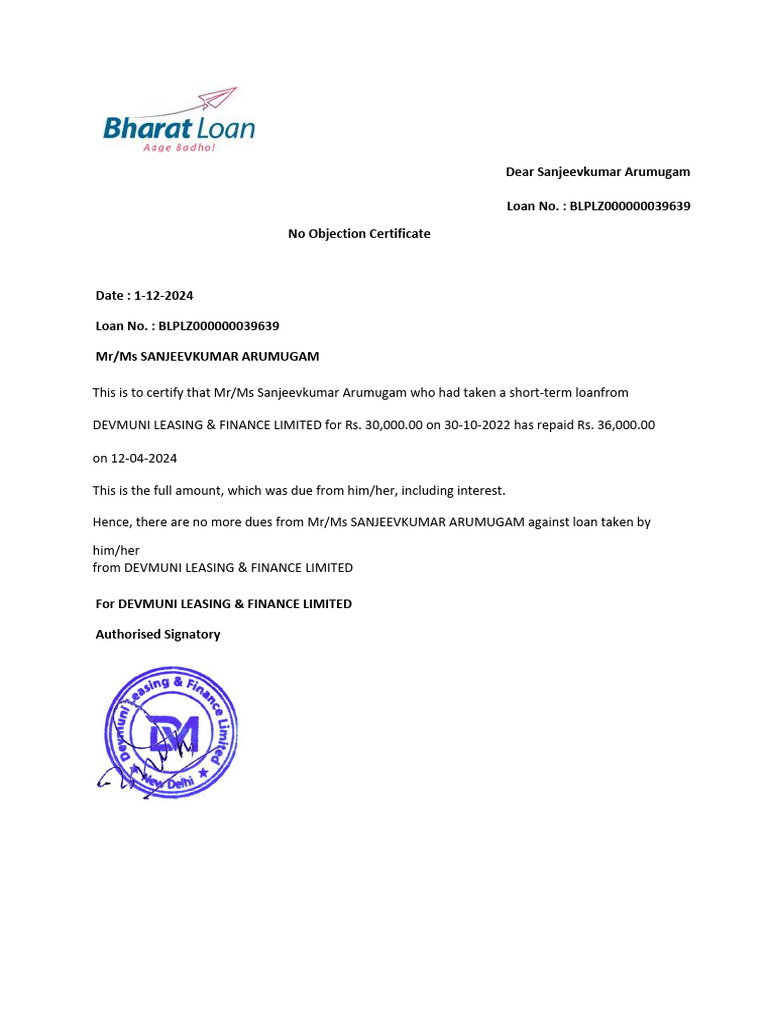 Bharat Loan - NOC-39639-20241201 | PDF
