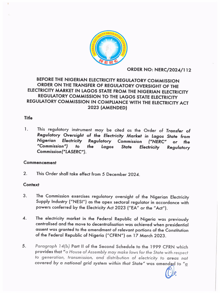 Lagos Transition Order For EKEDP | PDF