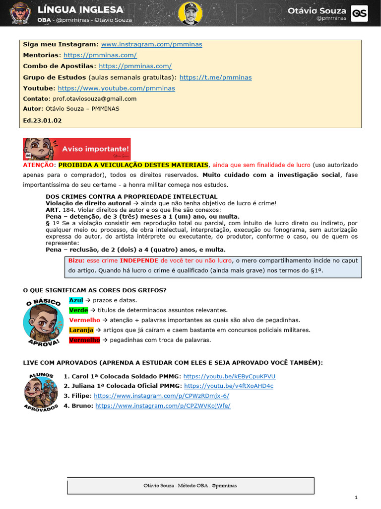 Apostila 1 Lingua Inglesa Modulo 11 Ao 20 at Pmminas Otavio Souza Metodo Oba | PDF | Gramática ...
