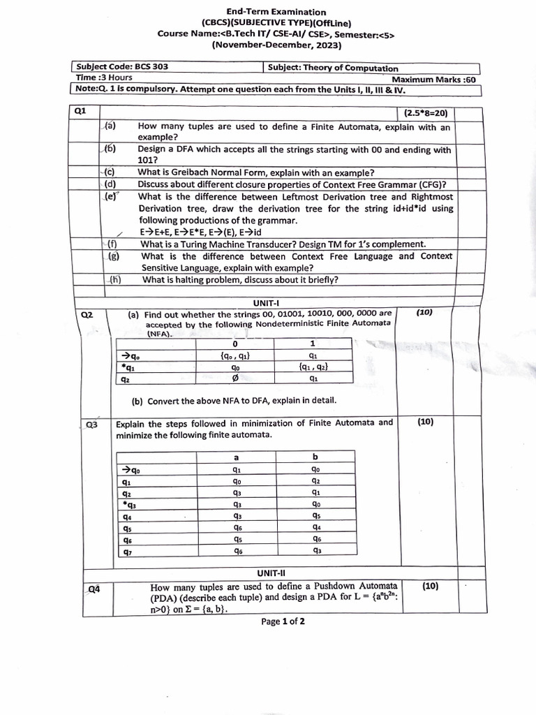 B.Tech IT/CSE Theory of Computation Exam | PDF | Automata Theory ...
