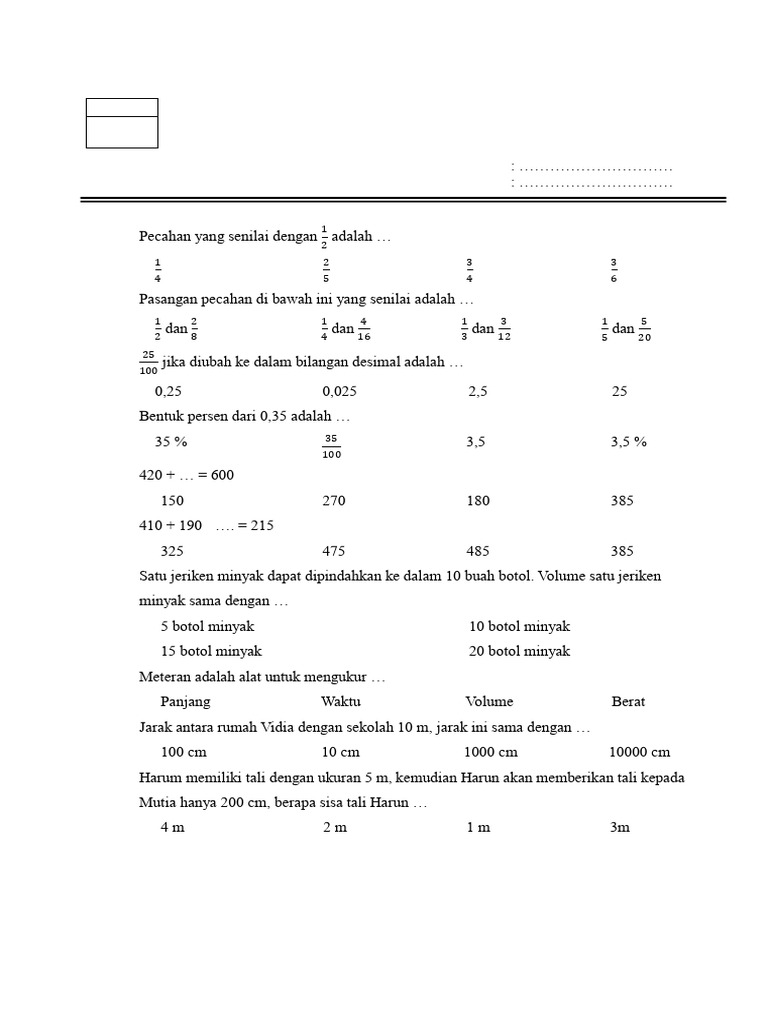 Naskah Soal ASTS Matematika Kelas 4 - 2 2425 | PDF