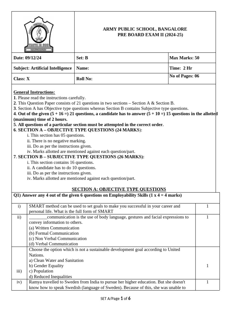 CLASS X AI SET 2 | PDF | Artificial Intelligence | Intelligence (AI ...