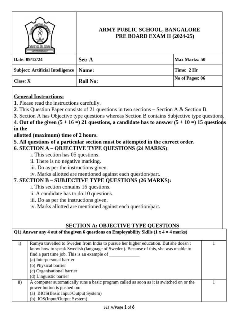 Class 10 Ai Pre Board Exam Paper 2024 25 Pdf Artificial