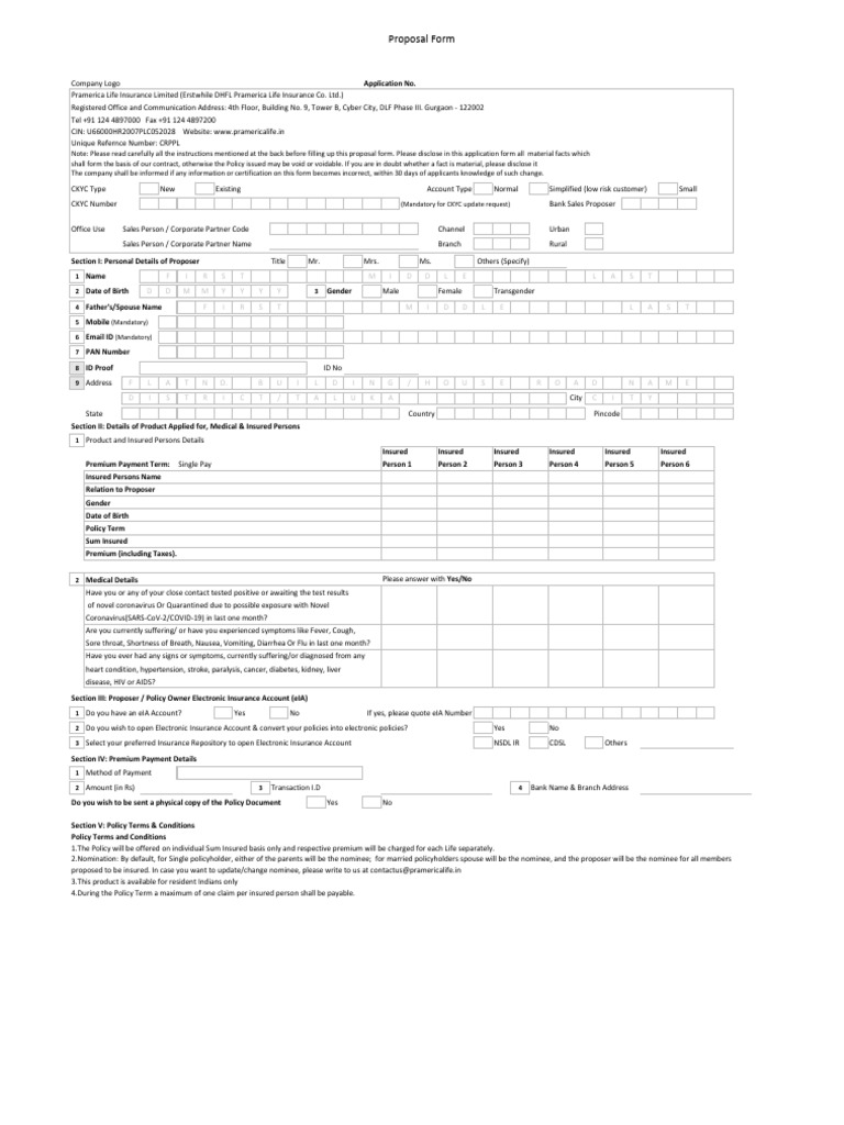 Corona Rakshak Policy, Pramerica Life - Proposal Form | PDF | Insurance ...