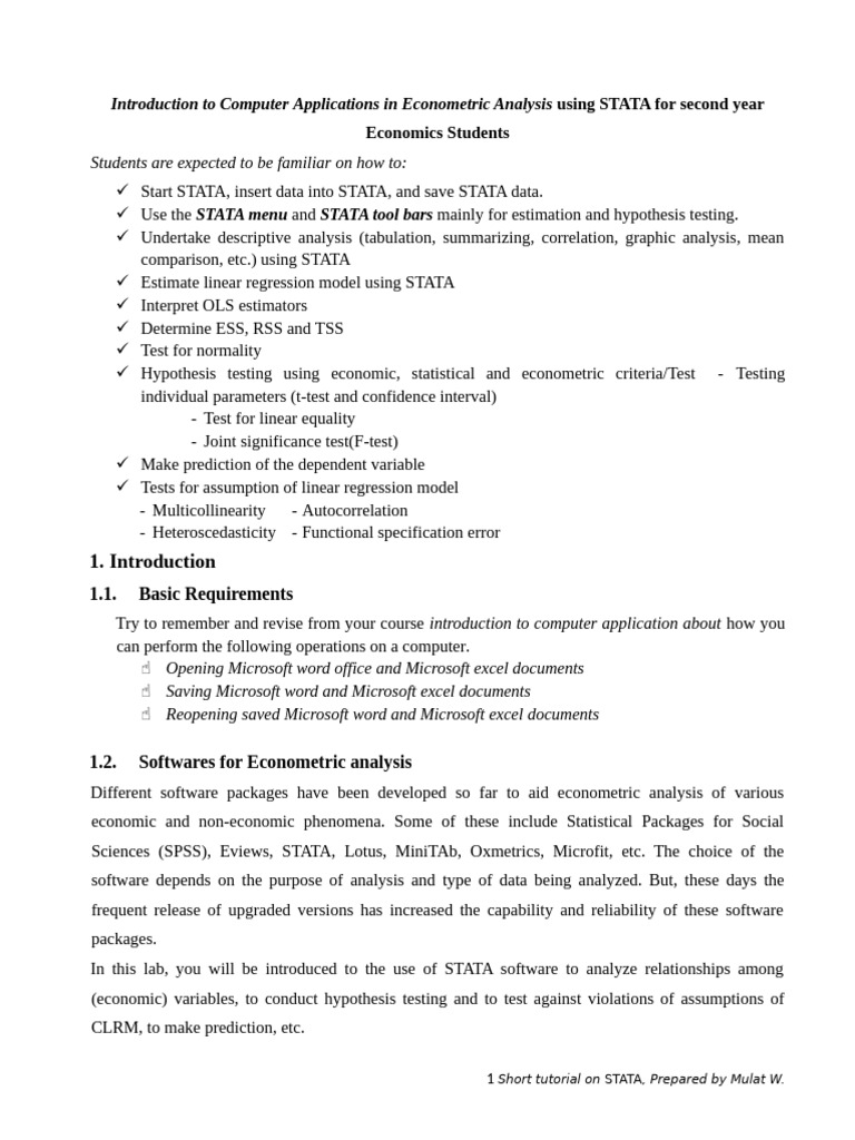 Econometrics I lab tutorial using STATA | PDF | Coefficient Of Determination | Regression Analysis