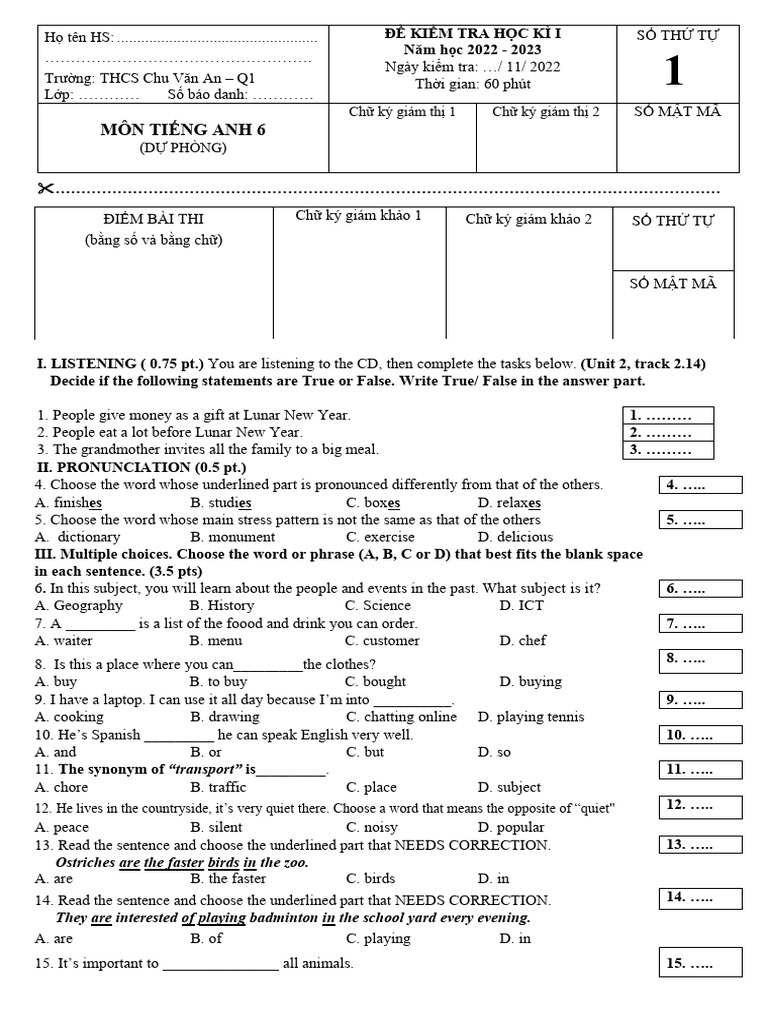 Bo 3 de Kiem Tra Cuoi Hk1 Tieng Anh 6 | PDF