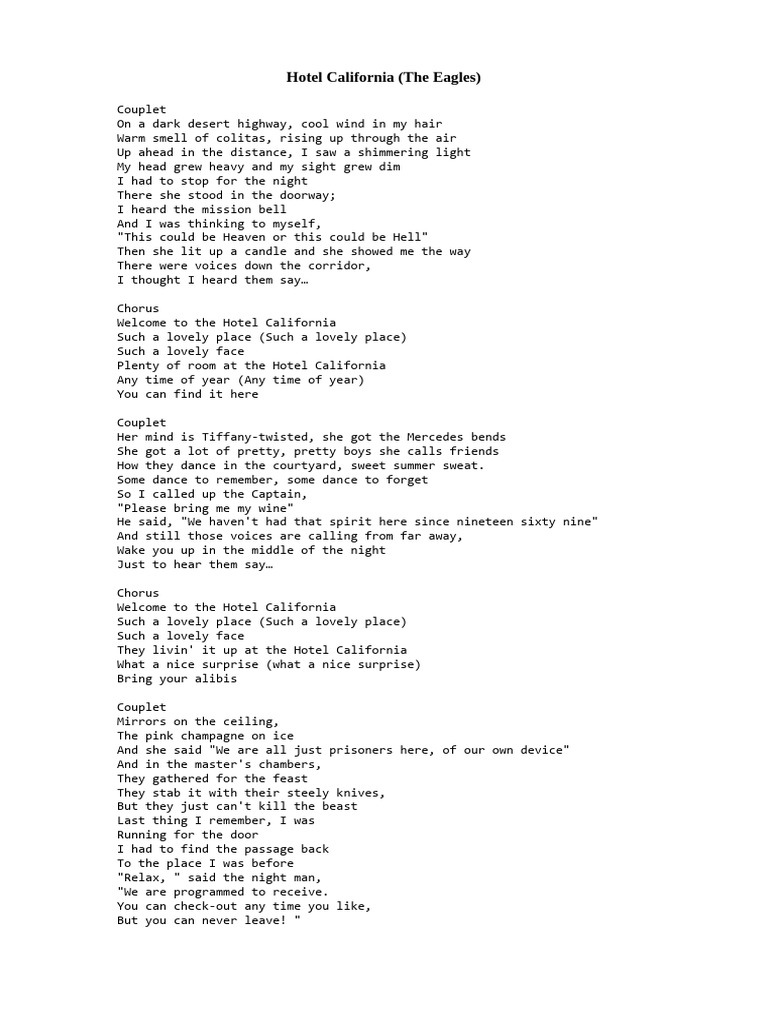 Hotel California Lyrics Overview | PDF