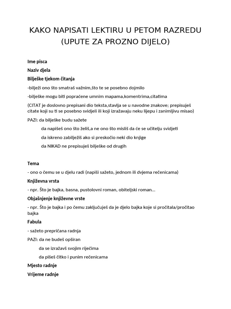 Kako Napisati Lektiru U Petom Razredu | PDF