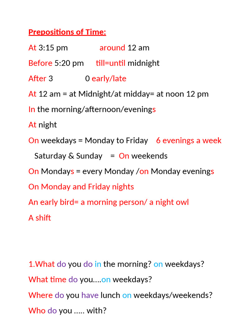 Prepositions of Time WHQ Words | PDF