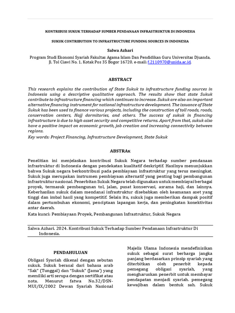Kontribusi Sukuk Terhadap Sumber Pendanaan Infrastruktur Di Indonesia | PDF