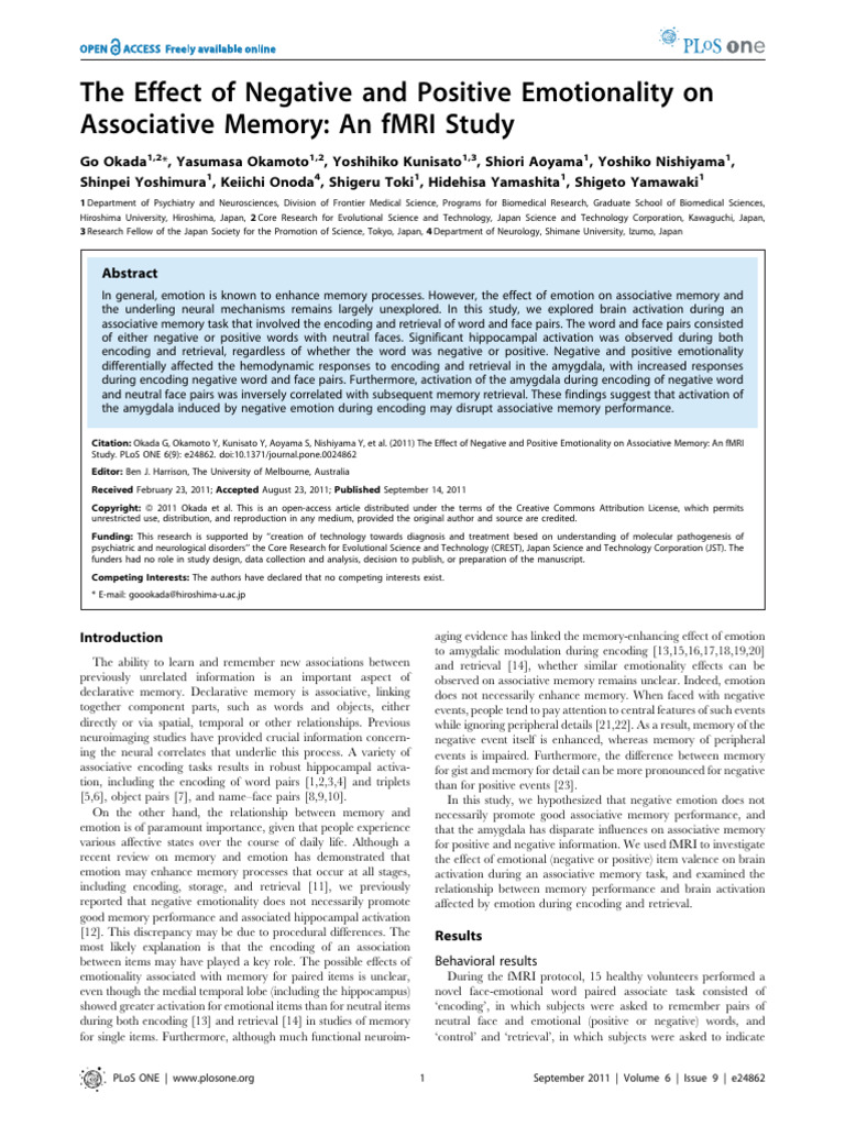 The Effect of Negative and Positive Emotionality On Associative Memory ...