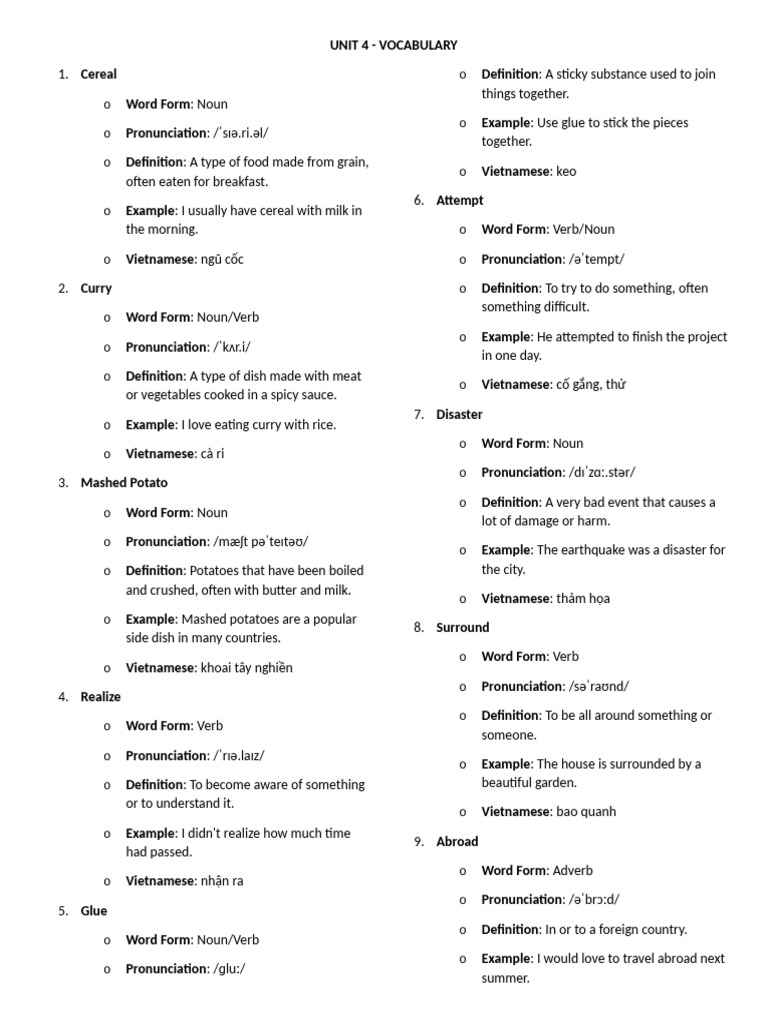 Unit 4 - Vocabulary | PDF | Noun | Word
