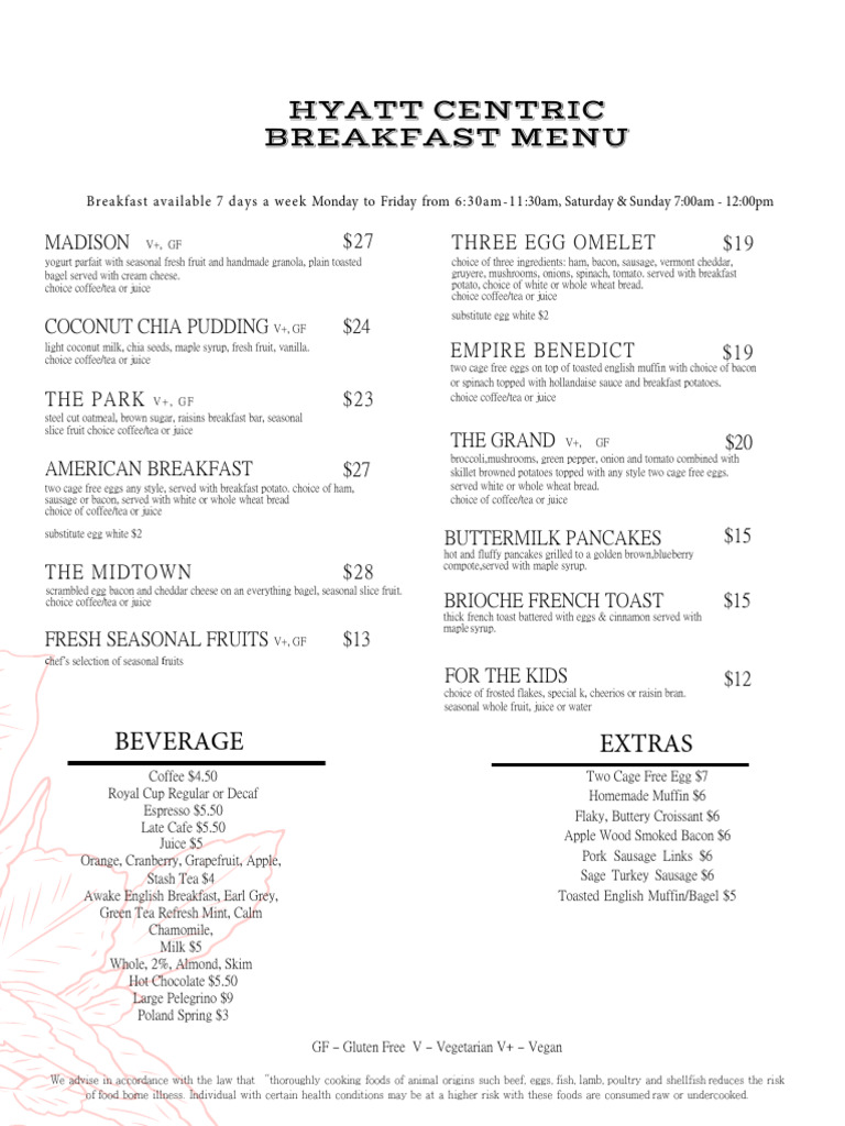 Hyatt Centric Breakfast Menu Overview | PDF | Pancake | Bacon