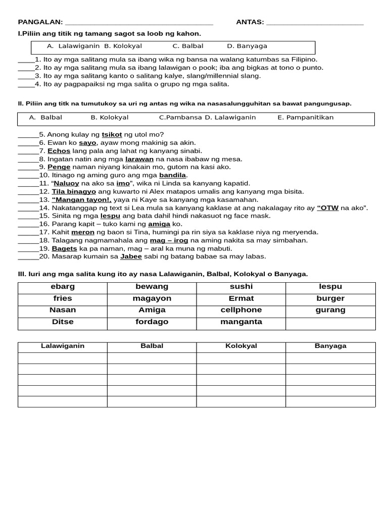 Filipino 8 Long Quiz-Balbal, Lalawiganin, Kolokyal | PDF