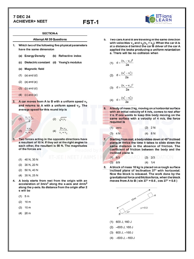 7 Dec 24 Fst-1 Achiever+ Neet QP | PDF
