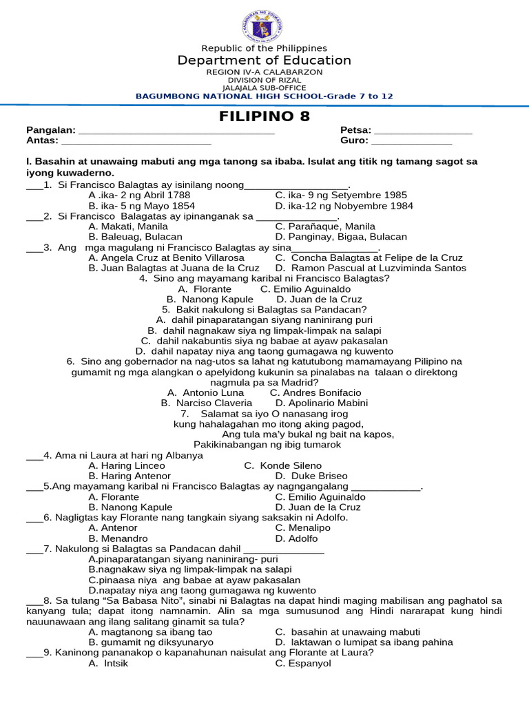 Long Quiz 4TH Quarter - Filipino-8 | PDF