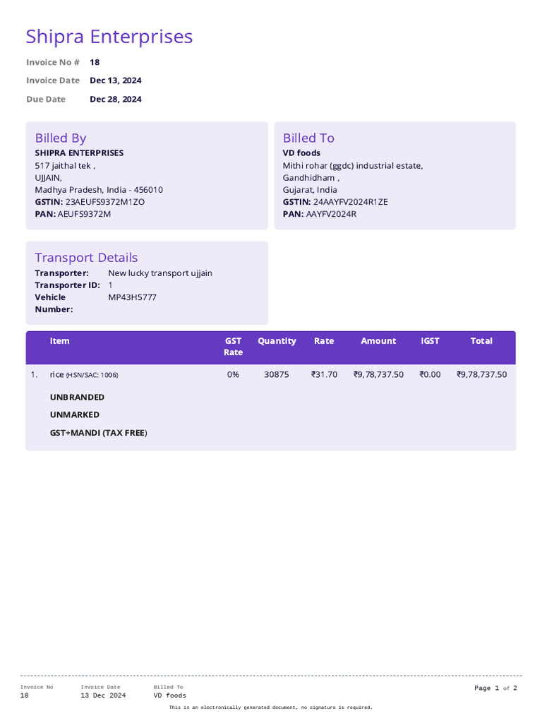 Invoice 18 for VD Foods - Dec 2024 | PDF