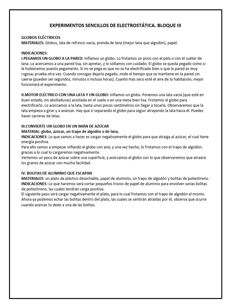Experimentos Electrostática | PDF