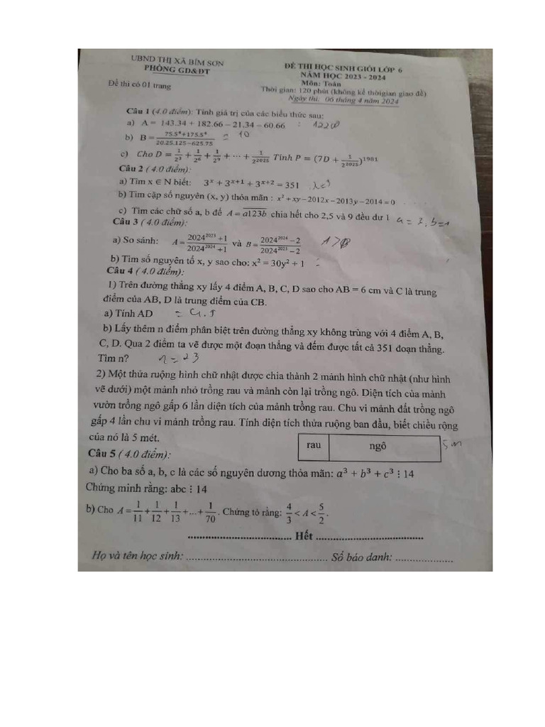 De HSG Toan 6 Bim Son Nam Hoc 20232024 | PDF