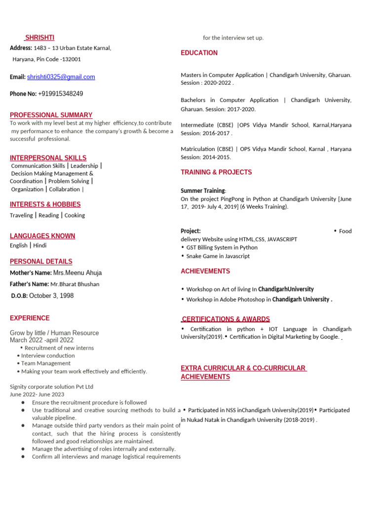 Shrishti - Resume | PDF | Computing