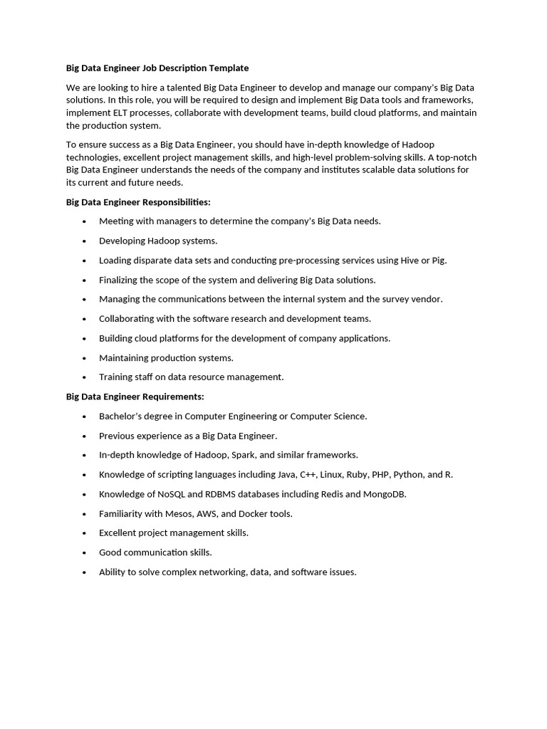 Big Data Engineer Job Description Template | PDF