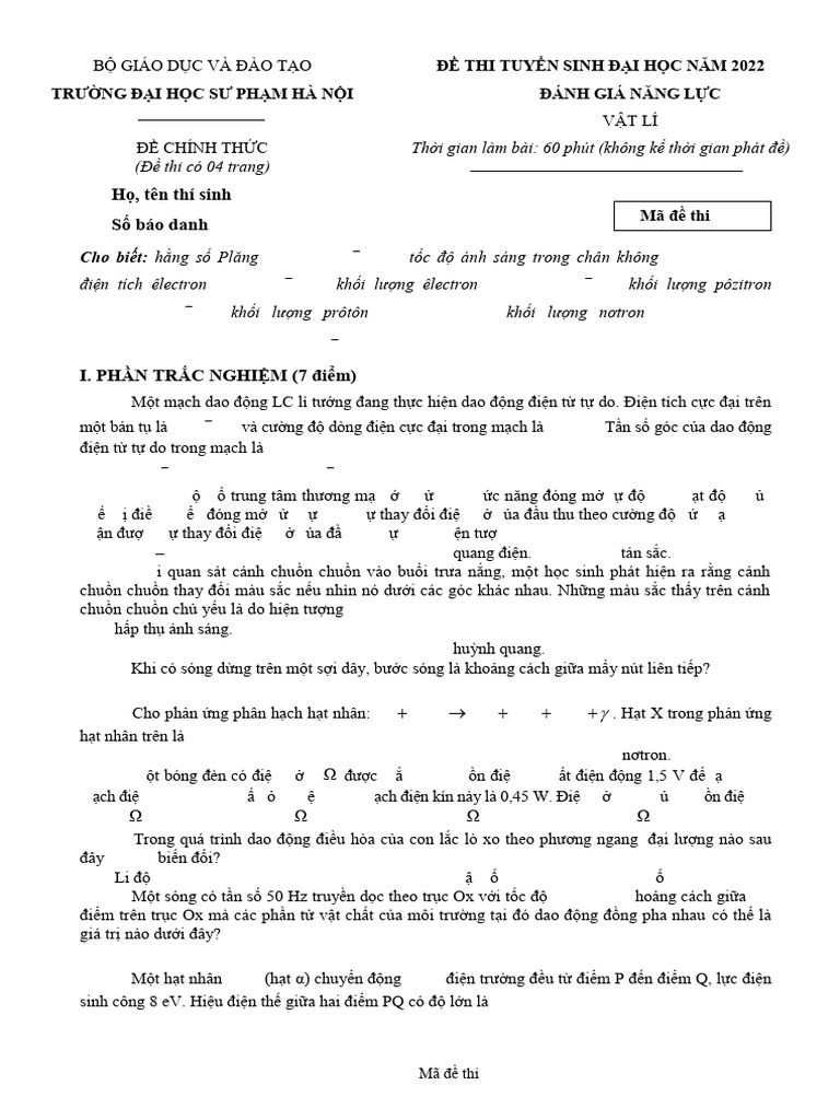 De Thi Vat Li DGNL DHSPHN 2022 | PDF