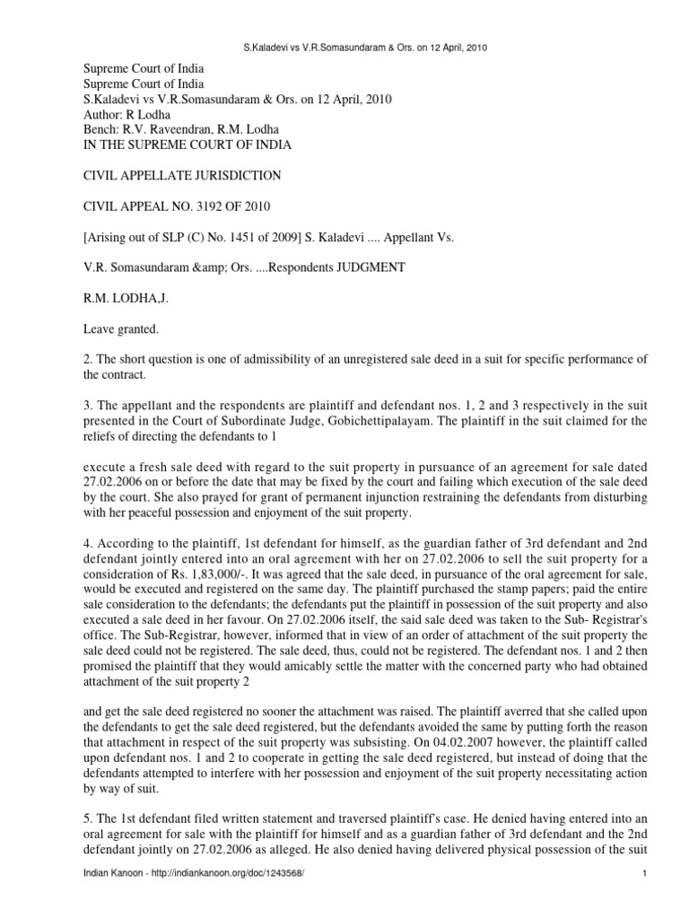 Supreme Court Ruling on Unregistered Sale Deed | PDF | Lawsuit | Deed