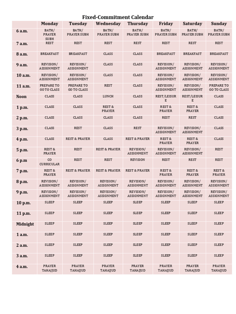Fixed Commitment Calendar_Topic 4 (2) | PDF