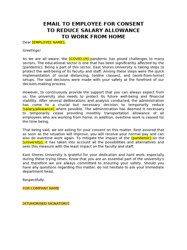 Email To Employee For Consent To Reduce Salary - Allowance To Work From ...