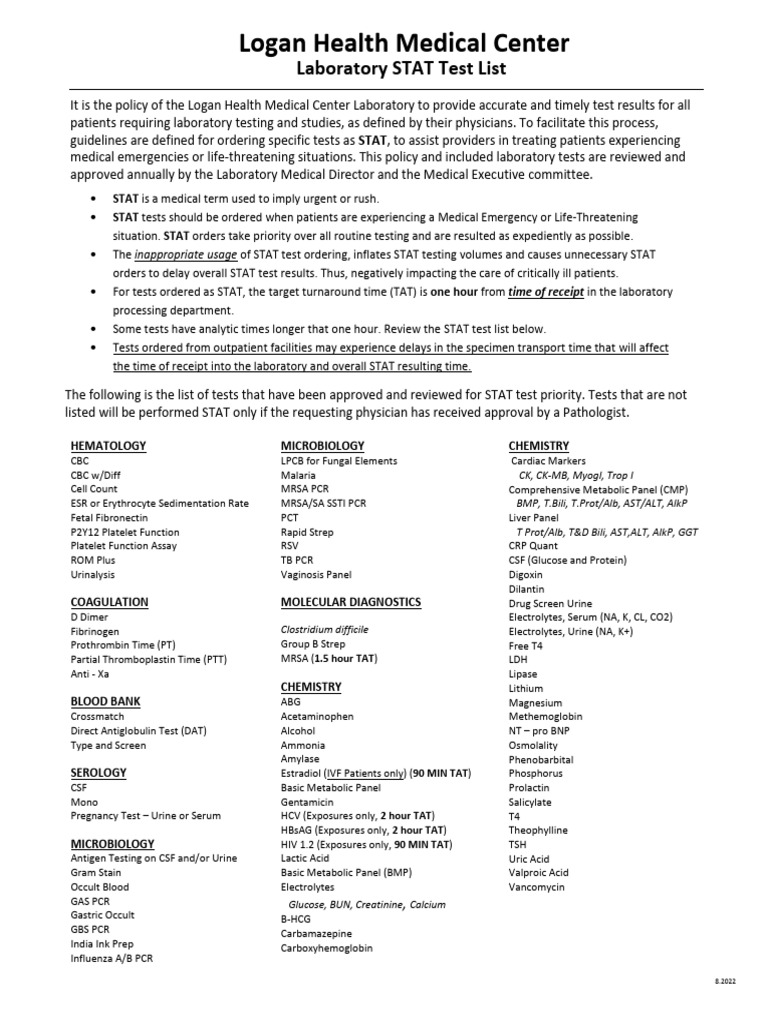 STAT List LHMC Laboratory 8.2022 | PDF | Medical Specialties | Clinical ...