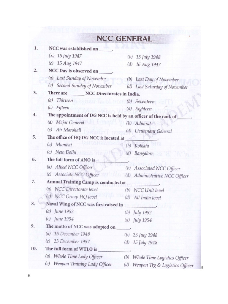Common - NCC Gen MCQ | PDF