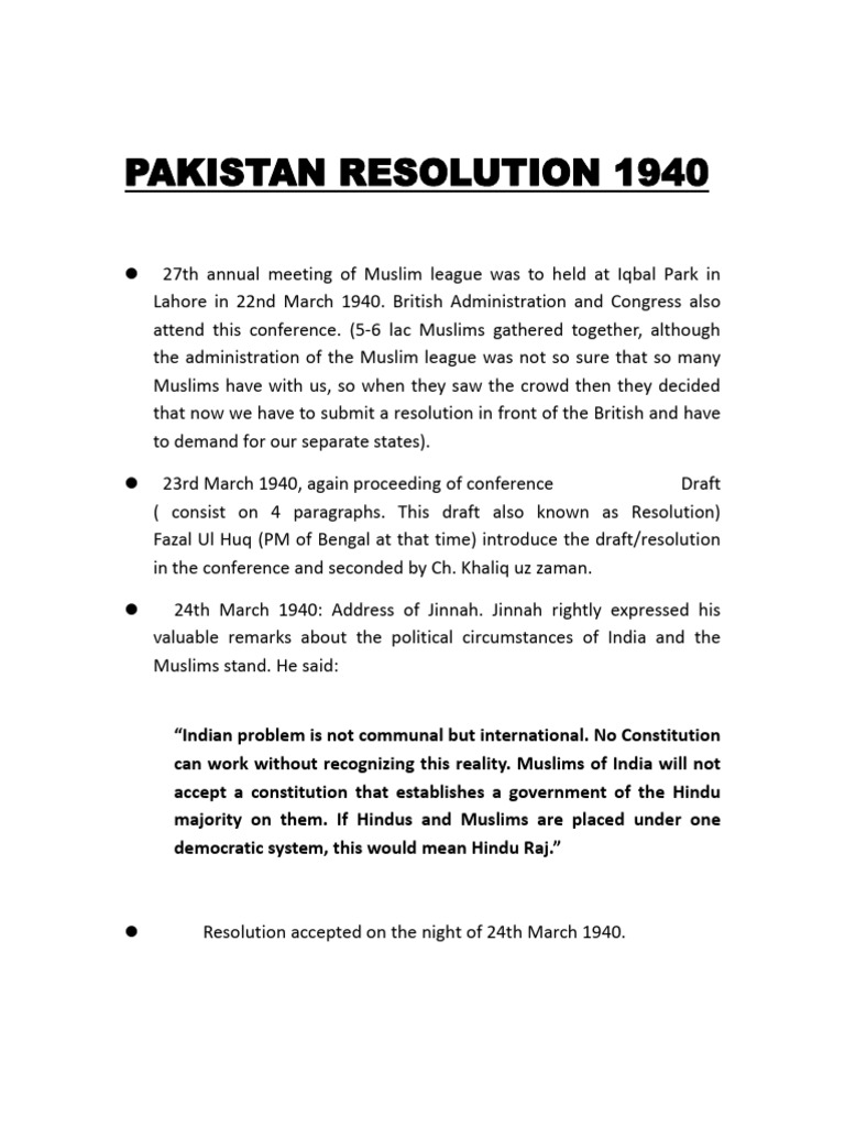 Pakistan Resolution 1940(1) | PDF | All India Muslim League | Partition Of India