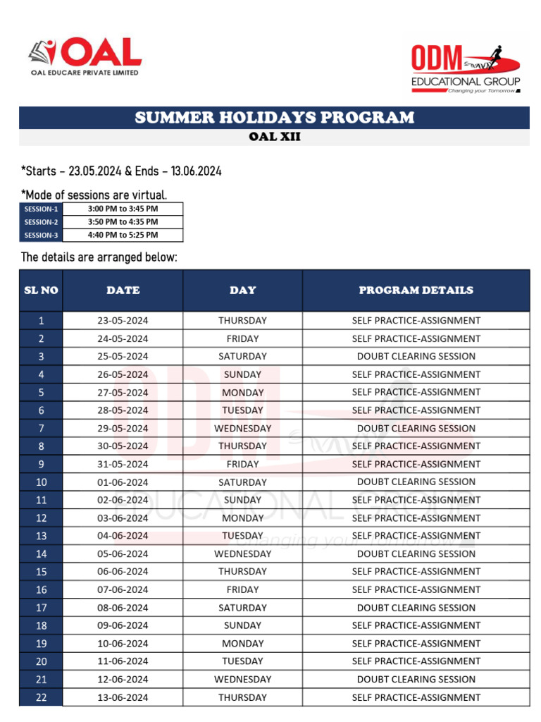 XII_OAL_SUMMER HOLIDAY PROGRAM | PDF