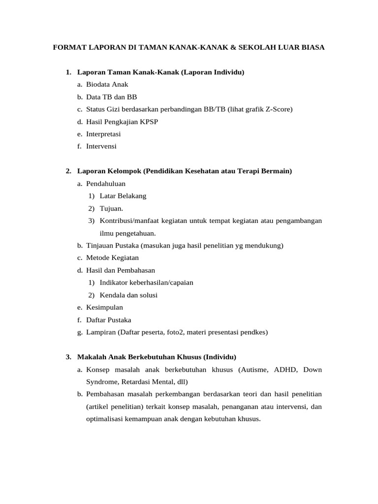 Format Laporan Di TK & Makalah ABK | PDF