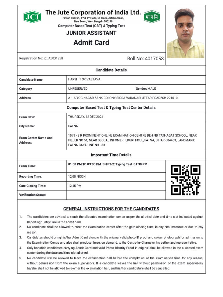 Admit Card - The Jute Corporation of India Limited (JCI) | PDF