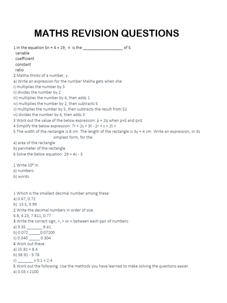 MATHS REVISION QUESTIONS | PDF